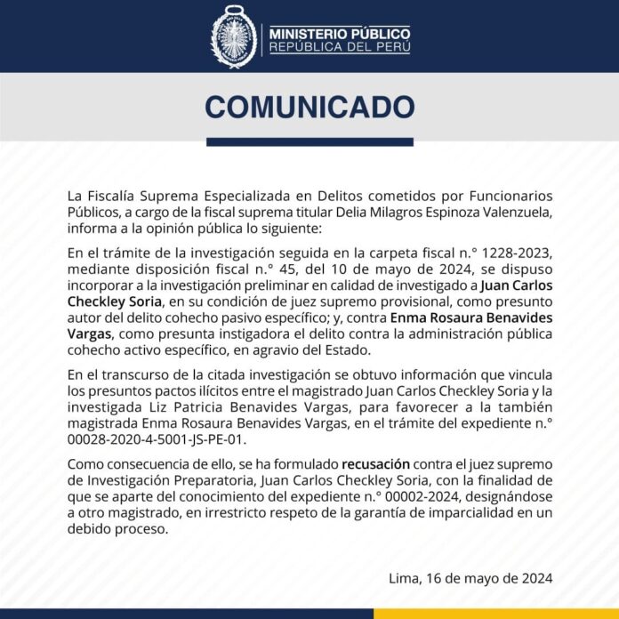 Fiscalía incorpora como investigado a juez Juan Carlos Checkley en ...